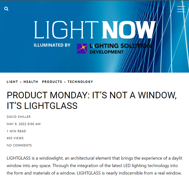 LIGHTGLASS Featured in LightNOW